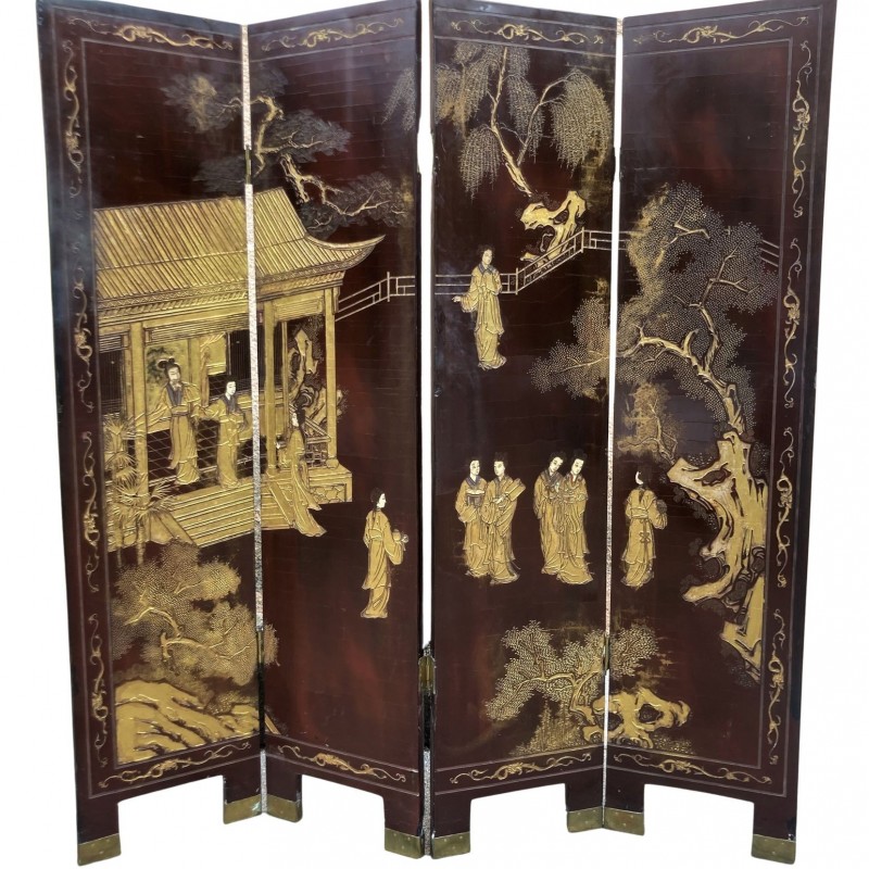 Paravent chinois XIXe Laque de Coromandel - La Maison d'Echo